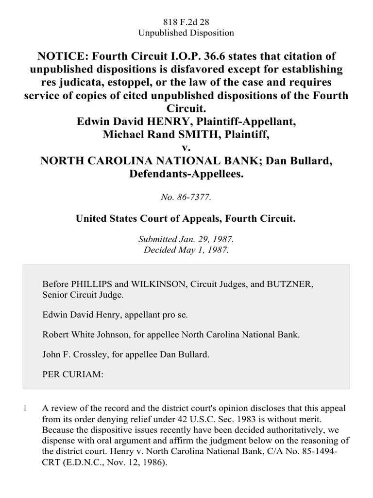 Edwin David Henry, Michael Rand Smith v. North Carolina National Bank ...