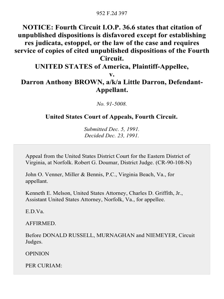 United States v. Darron Anthony Brown, A/K/A Little Darron, 952 F.2d ...