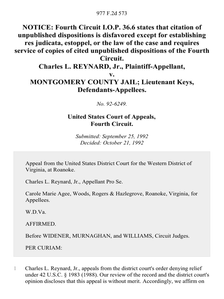 Charles L. Reynard, Jr. v. Montgomery County Jail Lieutenant Keys, 977 ...