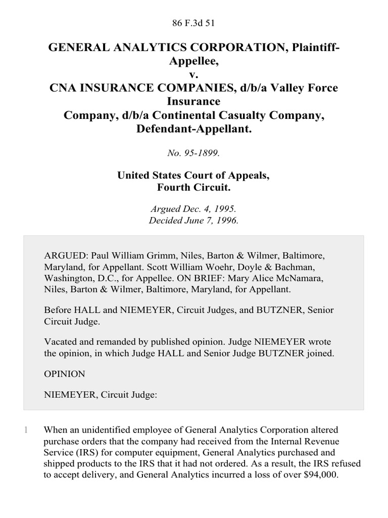 General Analytics Corporation v. Cna Insurance Companies, D/B/A Valley ...