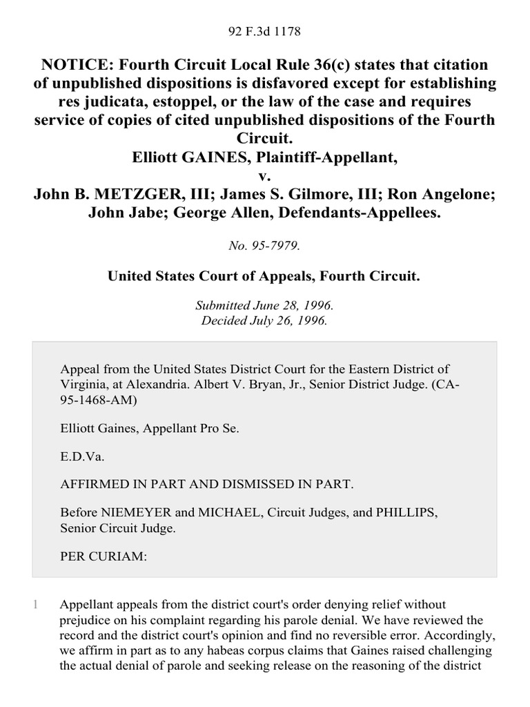 Elliott Gaines v. John B. Metzger, III James S. Gilmore, III Ron ...
