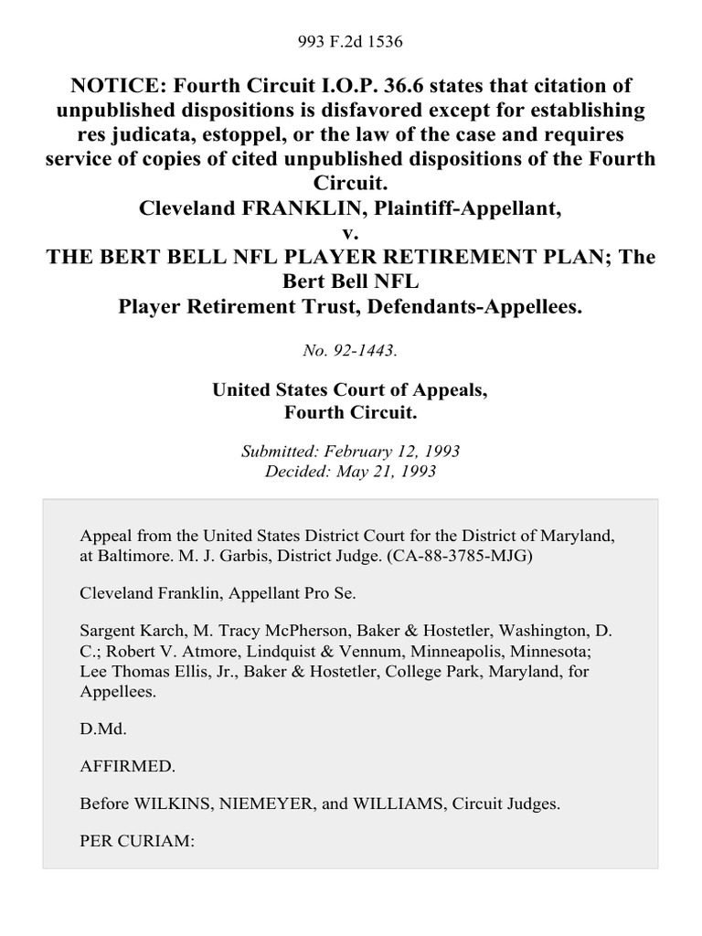 Cleveland Franklin v. The Bert Bell NFL Player Retirement Plan The Bert ...