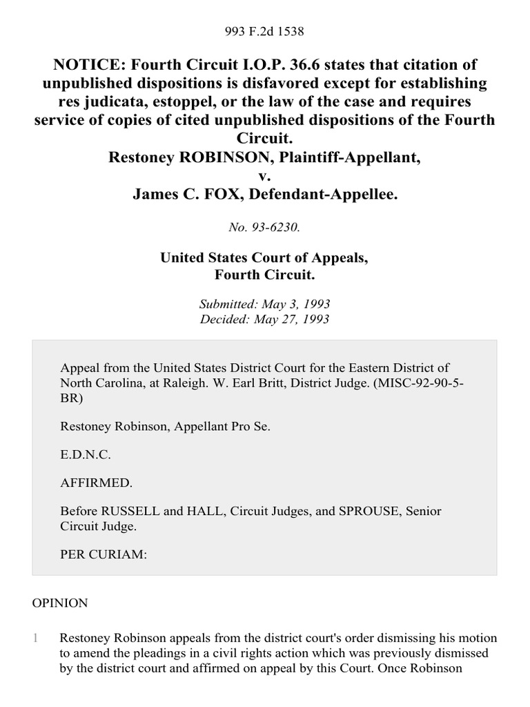 Restoney Robinson v. James C. Fox, 993 F.2d 1538, 4th Cir. (1993) | PDF