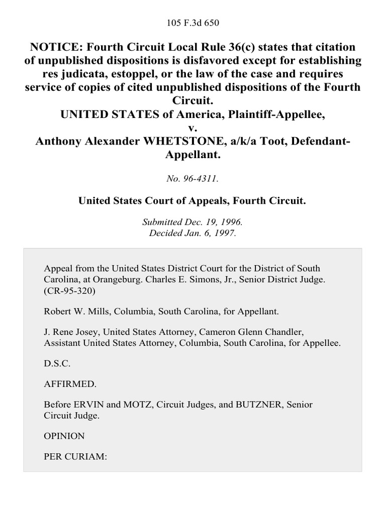 United States v. Anthony Alexander Whetstone, A/K/A Toot, 105 F.3d 650 ...