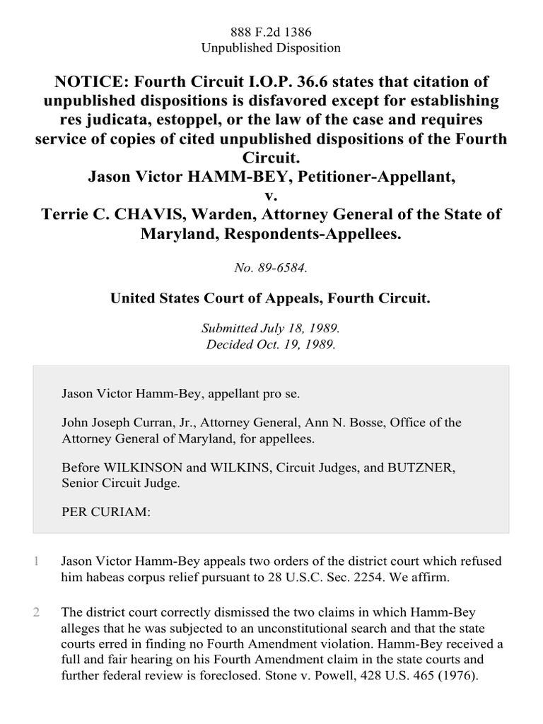 Jason Victor Hamm-Bey v. Terrie C. Chavis, Warden, Attorney General of ...