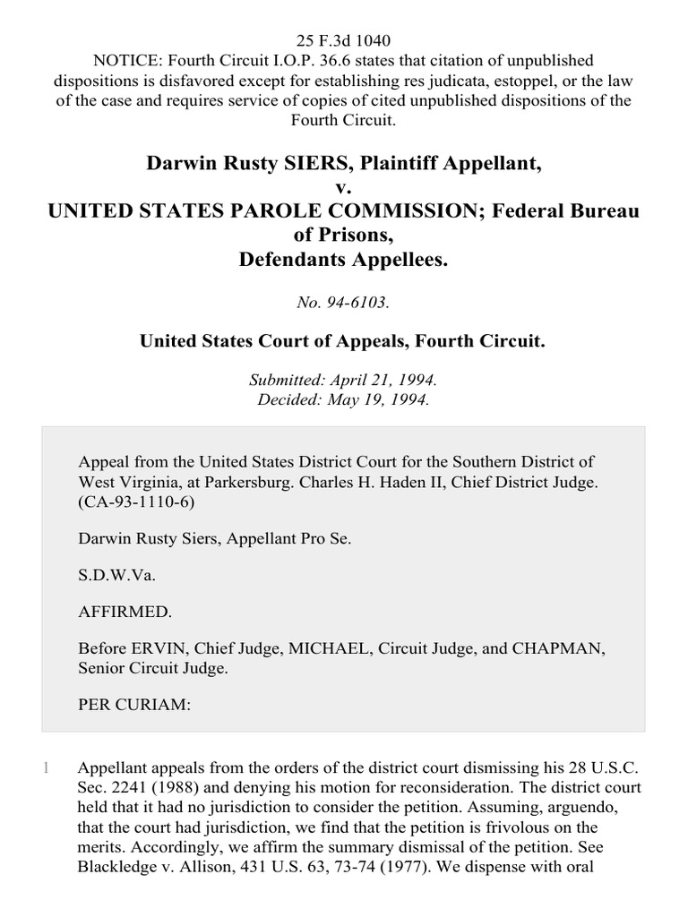 Darwin Rusty Siers v. United States Parole Commission Federal Bureau of ...