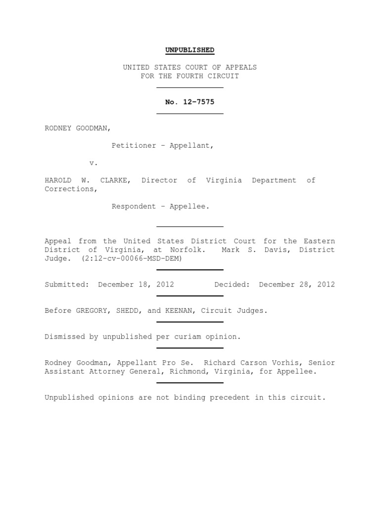 Rodney Goodman v. Harold Clarke, 4th Cir. (2012) | PDF