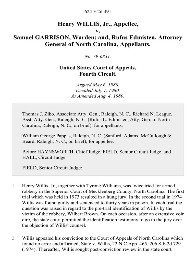 Henry Willis, Jr. v. Samuel Garrison, Warden And, Rufus Edmisten ...