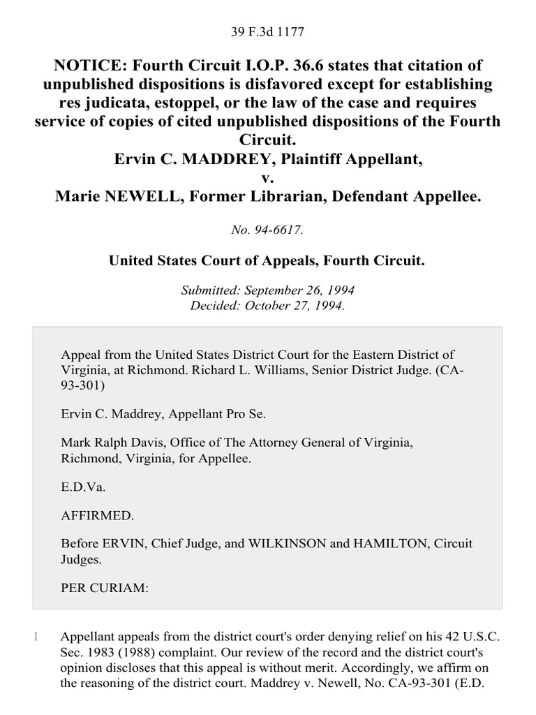 Ervin C. Maddrey v. Marie Newell, Former Librarian, 39 F.3d 1177, 4th ...