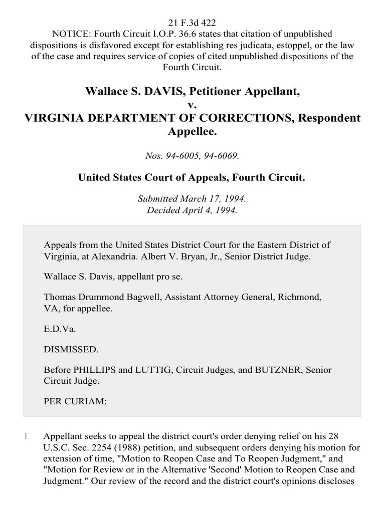 Wallace S. Davis v. Virginia Department of Corrections, 21 F.3d 422 ...