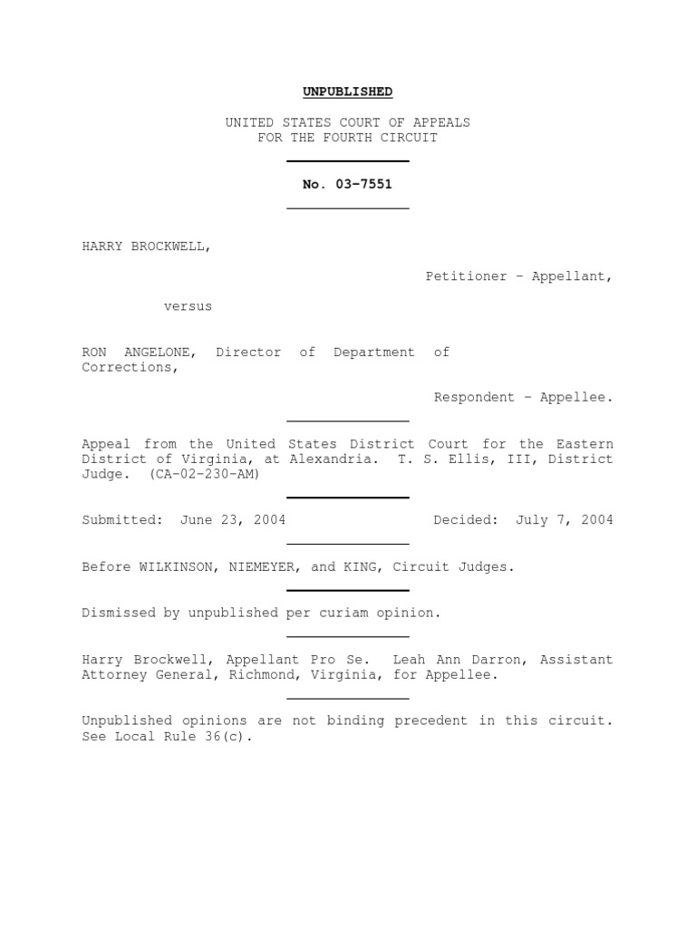 Brockwell v. Angelone, 4th Cir. (2004) | PDF | Politics | Law