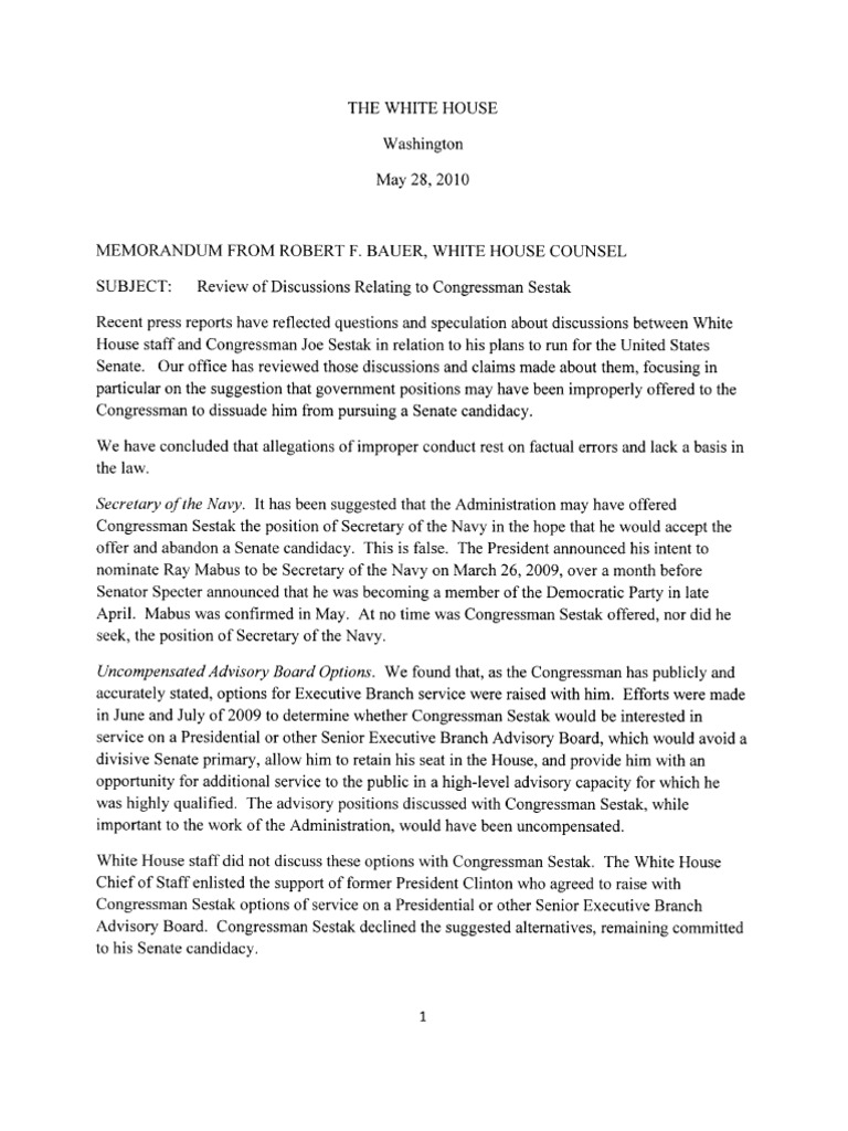 Sestak Memo | PDF
