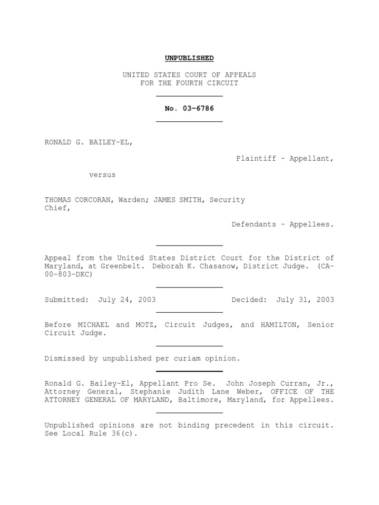 Bailey-El v. Corcoran, 4th Cir. (2003) | PDF | Politics | Law