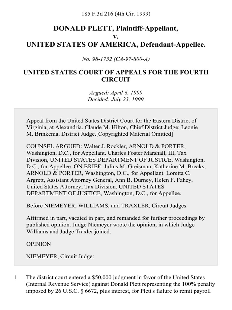 Donald Plett v. United States, 185 F.3d 216, 4th Cir. (1999) | PDF ...