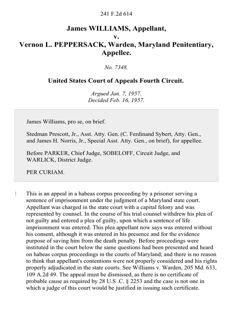 James Williams v. Vernon L. Peppersack, Warden, Maryland Penitentiary ...