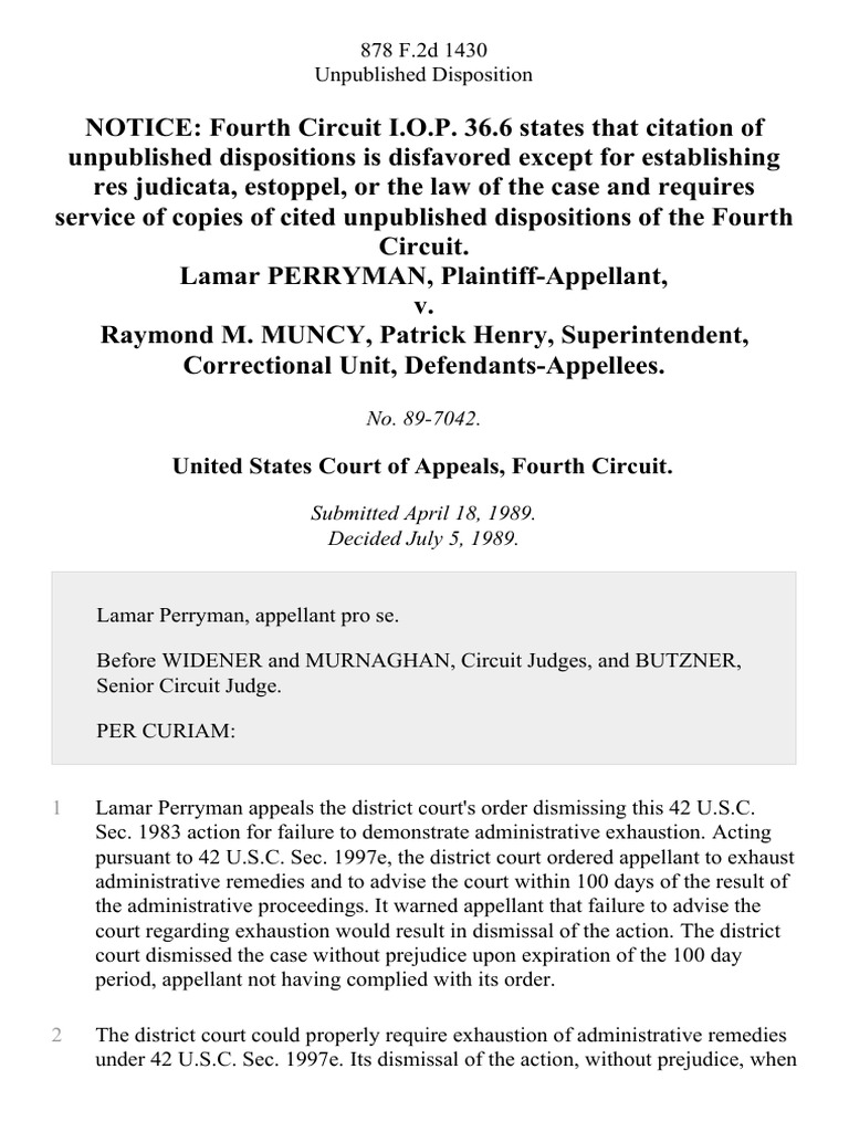 Lamar Perryman v. Raymond M. Muncy, Patrick Henry, Superintendent ...
