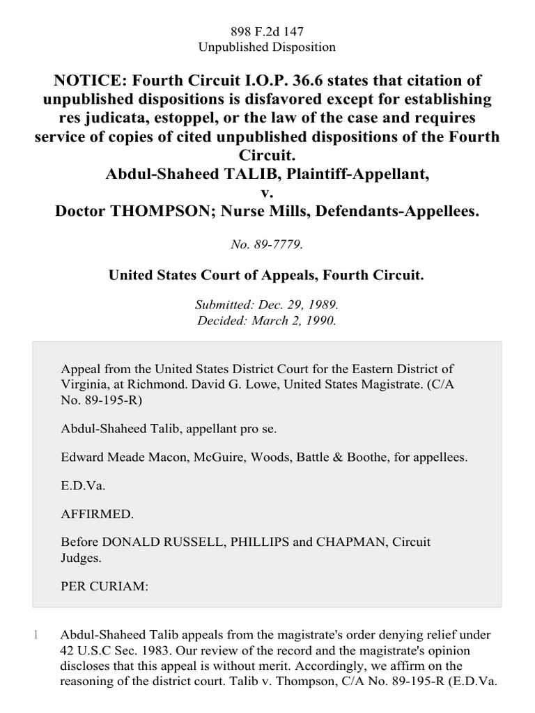 Abdul-Shaheed Talib v. Doctor Thompson Nurse Mills, 898 F.2d 147, 4th Cir. (1990) | PDF