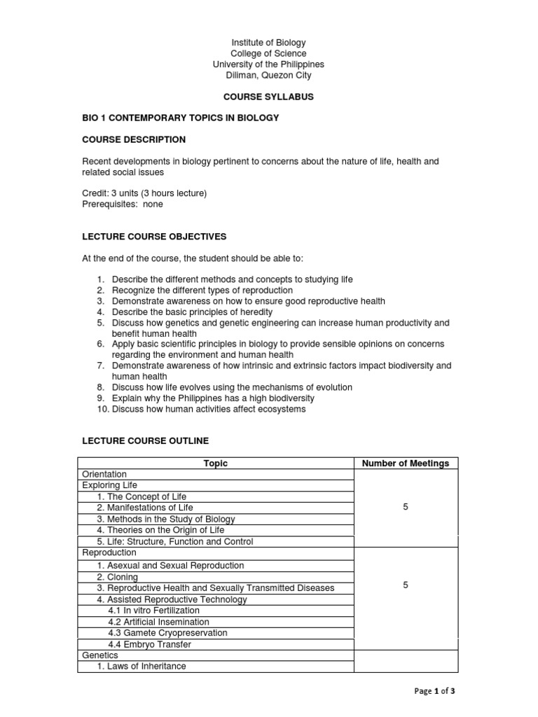 BIO 1 Course Syllabus UPD | Earth & Life Sciences | Biology
