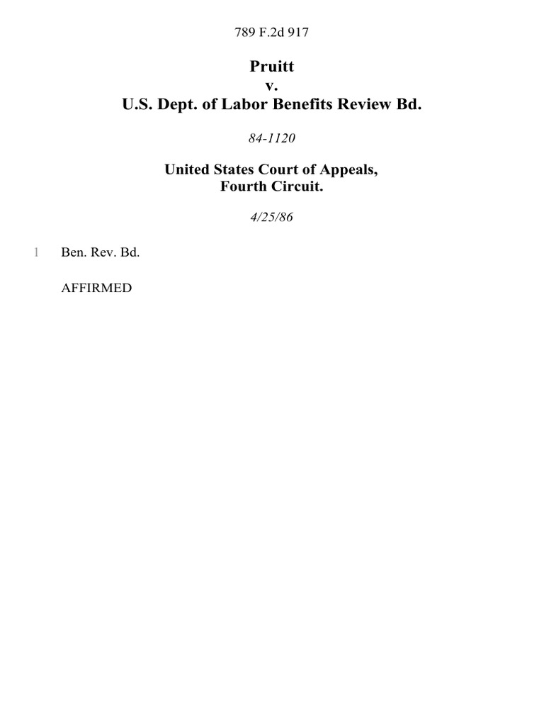 Pruitt v. U.S. Dept. of Labor Benefits Review BD, 789 F.2d 917, 4th Cir ...