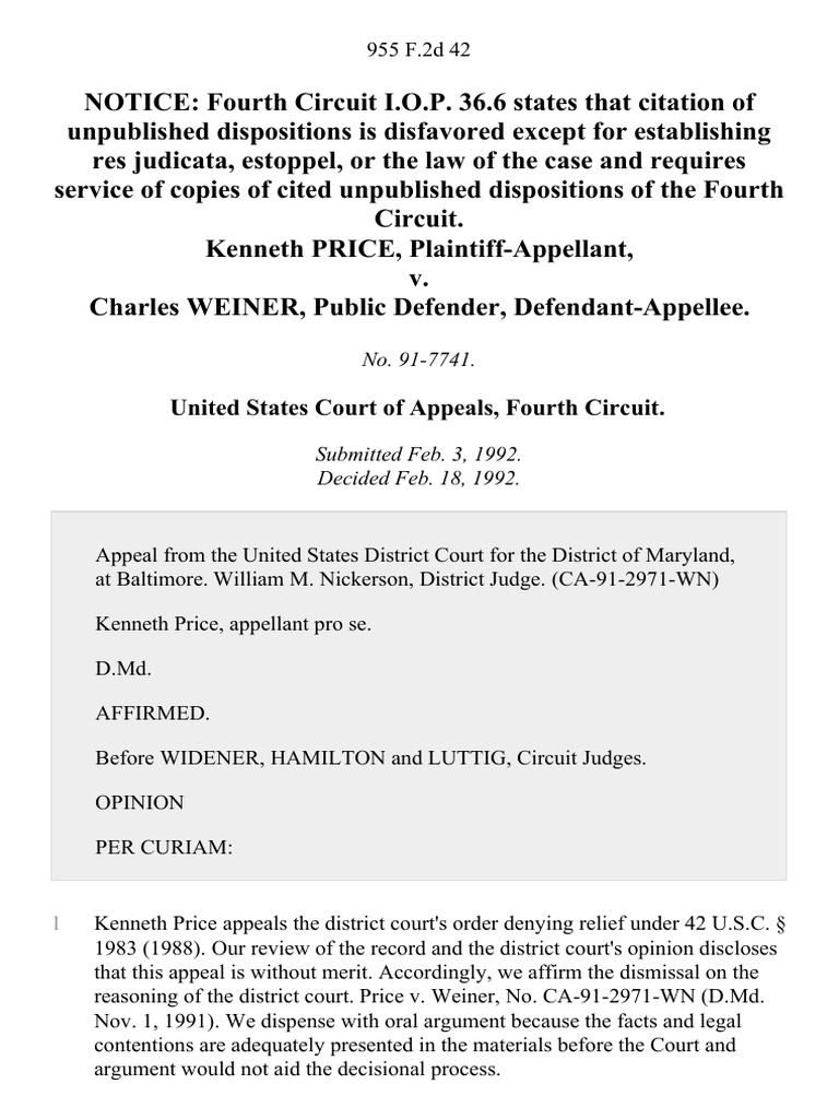 Kenneth Price v. Charles Weiner, Public Defender, 955 F.2d 42, 4th Cir ...