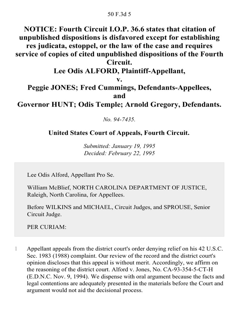 Lee Odis Alford v. Peggie Jones Fred Cummings, and Governor Hunt Odis Temple Arnold Gregory, 50 ...