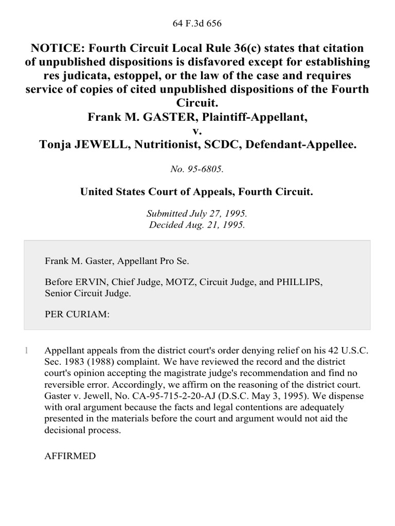 Frank M. Gaster v. Tonja Jewell, Nutritionist, SCDC, 64 F.3d 656, 4th ...