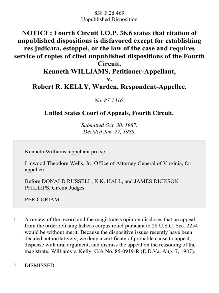Kenneth Williams v. Robert R. Kelly, Warden, 838 F.2d 469, 4th Cir ...
