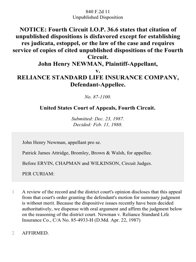 John Henry Newman v. Reliance Standard Life Insurance Company, 840 F.2d ...