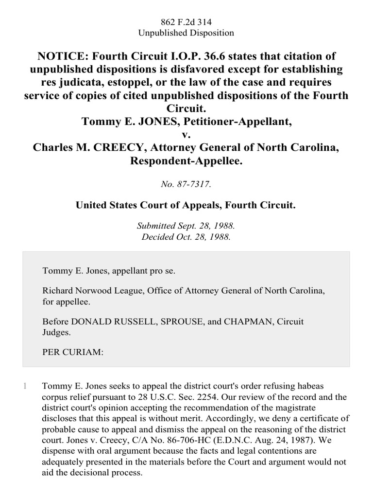 Tommy E. Jones v. Charles M. Creecy, Attorney General of North Carolina ...