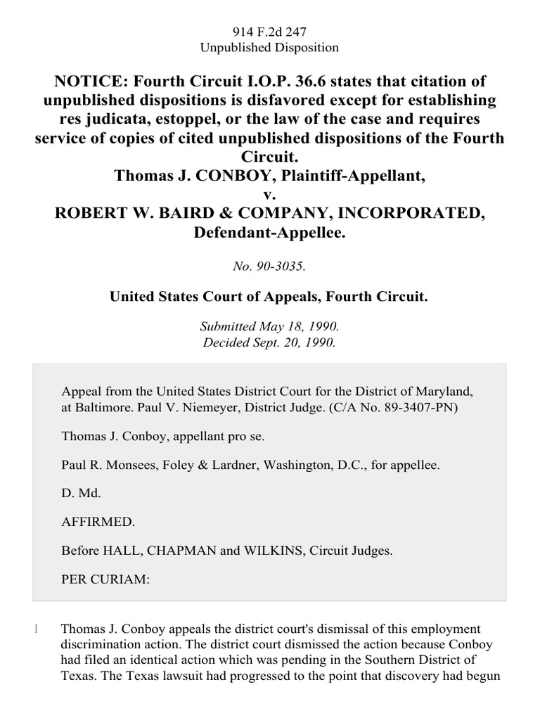 Thomas J. Conboy v. Robert W. Baird & Company, Incorporated, 914 F.2d ...