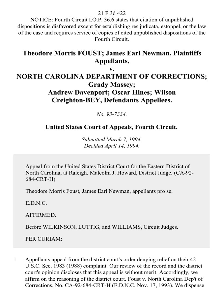 Theodore Morris Foust James Earl Newman v. North Carolina Department of ...