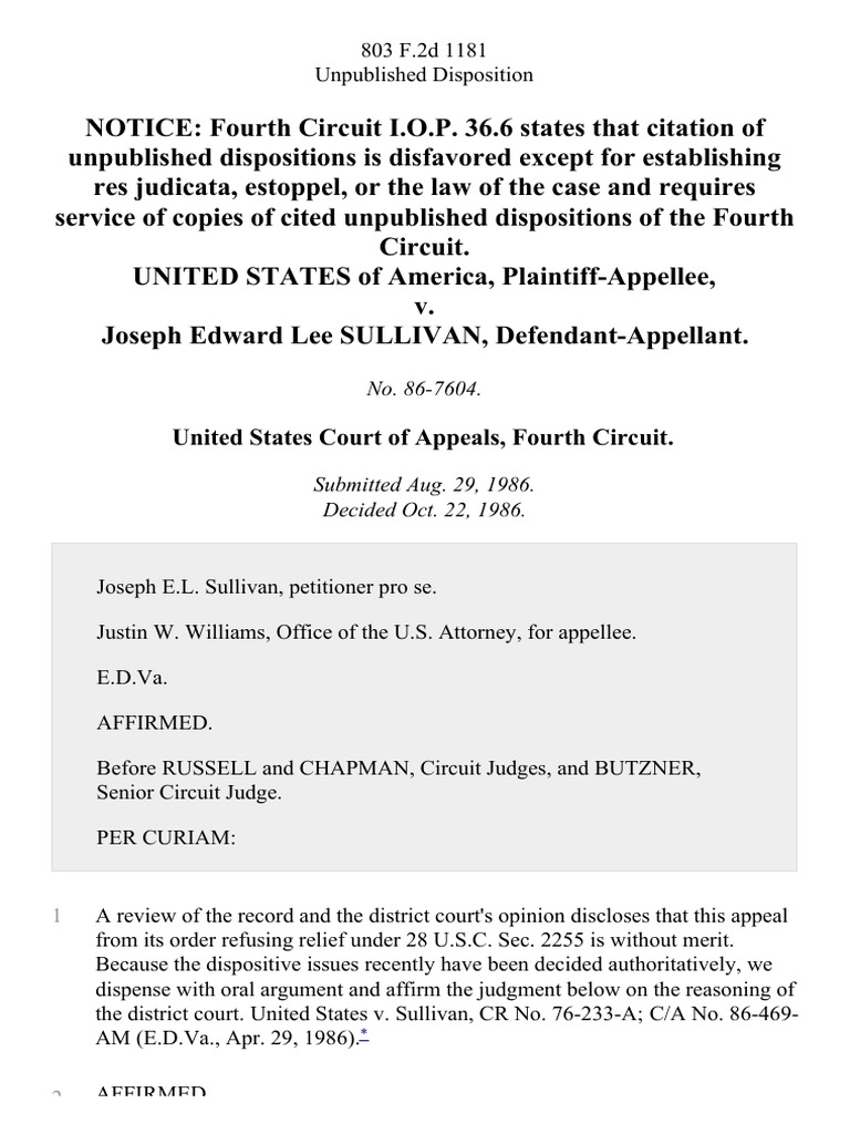 Fourth Circuit Affirms Sullivan's 2255 Appeal | PDF | Sports ...