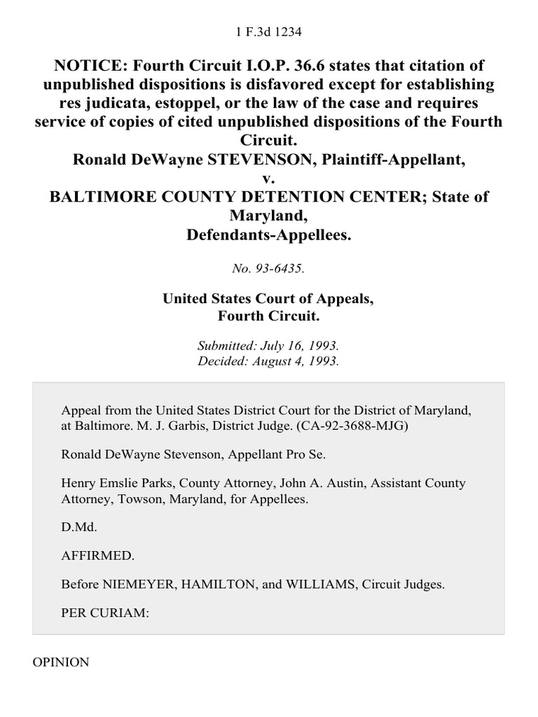Ronald Dewayne Stevenson v. Baltimore County Detention Center State of Maryland, 1 F.3d 1234 ...