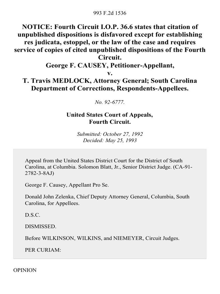 George F. Causey v. T. Travis Medlock, Attorney General South Carolina ...
