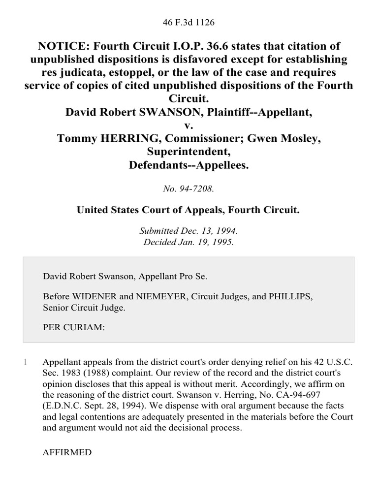 David Robert Swanson v. Tommy Herring, Commissioner Gwen Mosley ...