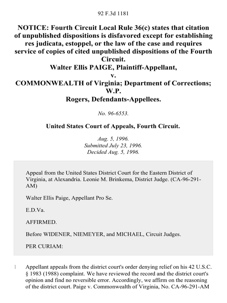 Walter Ellis Paige v. Commonwealth of Virginia Department of ...
