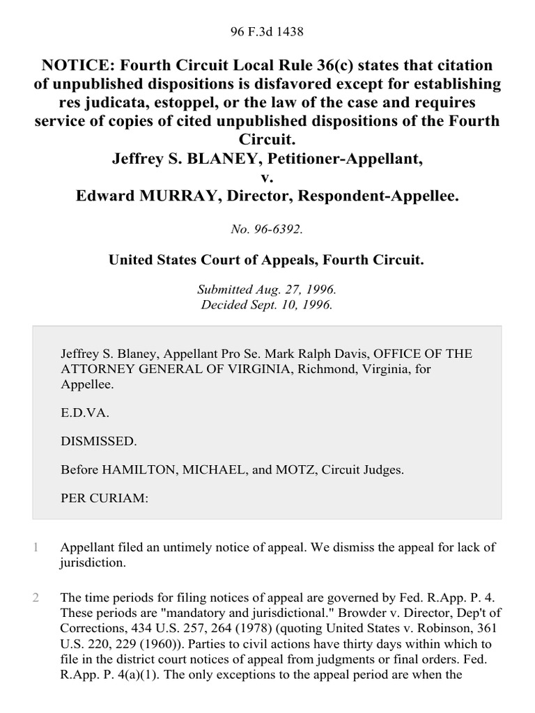 Jeffrey S. Blaney v. Edward Murray, Director, 96 F.3d 1438, 4th Cir ...