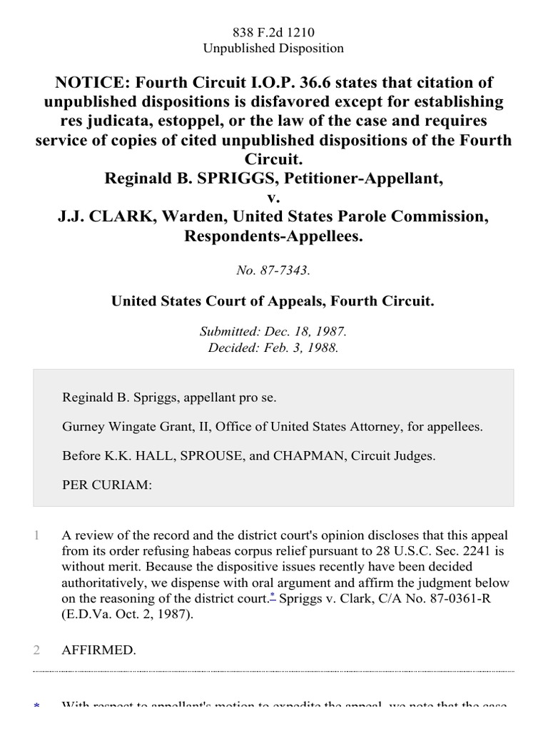 Reginald B. Spriggs v. J.J. Clark, Warden, United States Parole ...