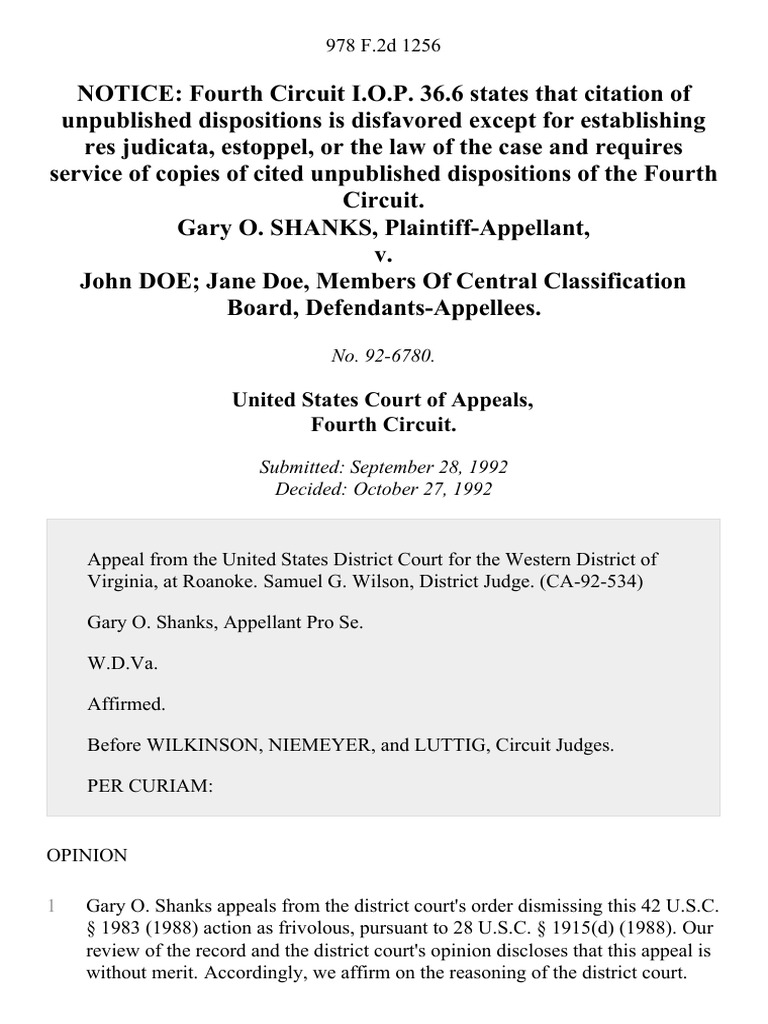 Gary O. Shanks v. John Doe Jane Doe, Members of Central Classification Board, 978 F.2d 1256, 4th ...