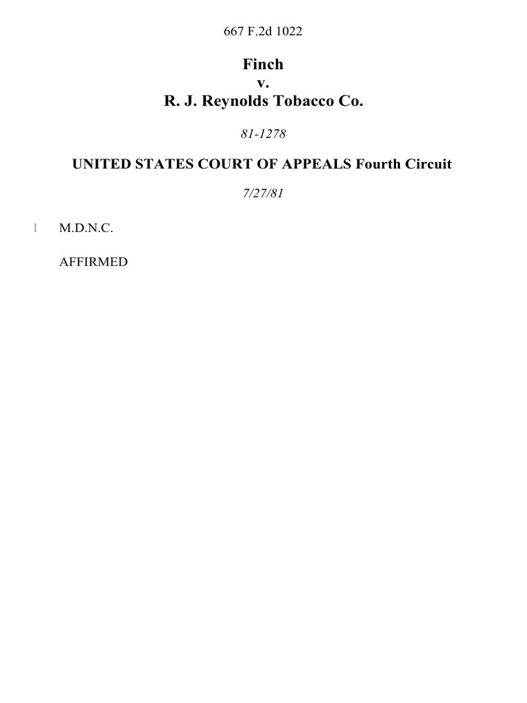Finch v. R. J. Reynolds Tobacco Co, 667 F.2d 1022, 4th Cir. (1981) | PDF