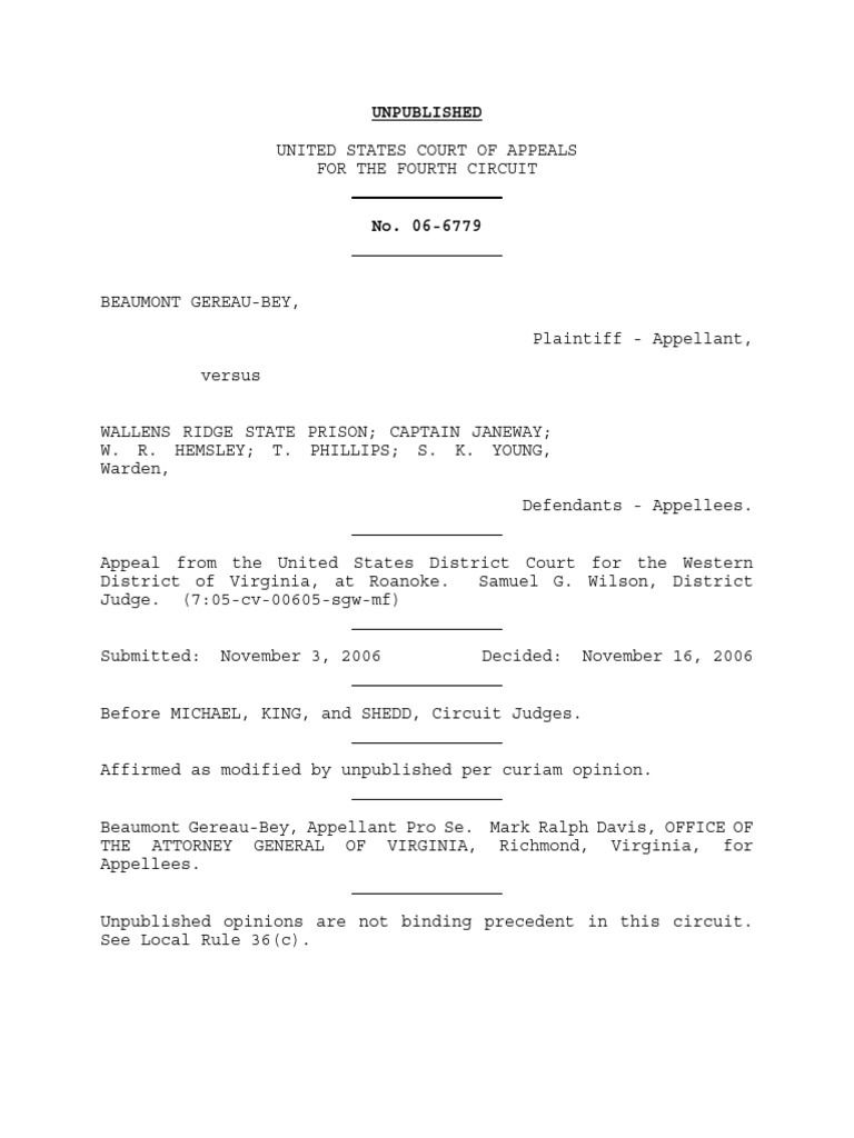 Gereau-Bey v. Wallens Ridge State Prison, 4th Cir. (2006) | PDF
