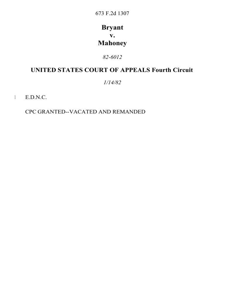 Bryant v. Mahoney, 673 F.2d 1307, 4th Cir. (1982) | PDF Bryant v. Mahoney, 673 F.2d 1307, 4th Cir. (1982) | PDF