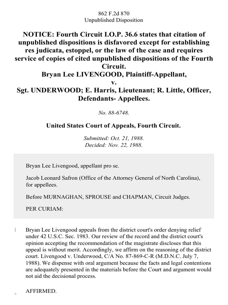 Bryan Lee Livengood v. Sgt. Underwood E. Harris, Lieutenant R. Little ...