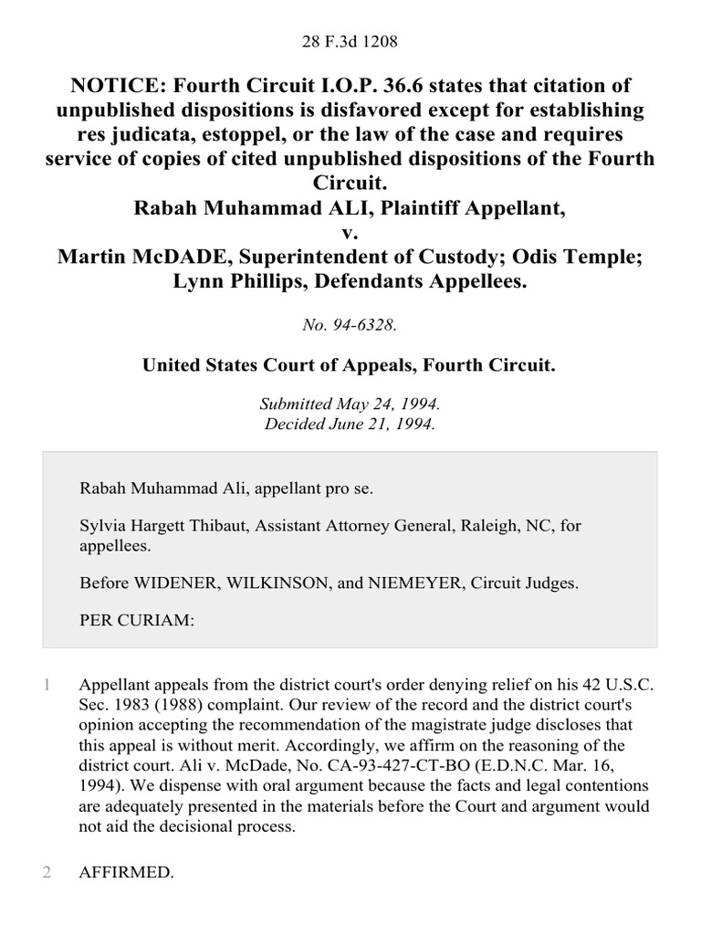 Rabah Muhammad Ali v. Martin McDade Superintendent of Custody Odis ...