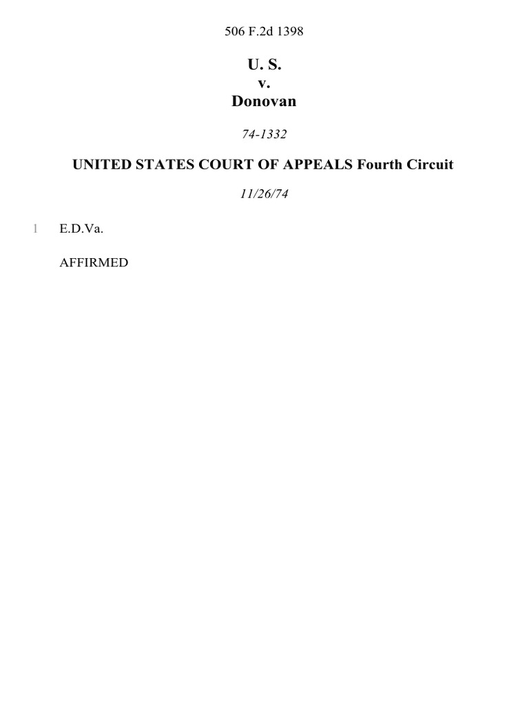 United States v. Donovan, 506 F.2d 1398, 4th Cir. (1974) | PDF
