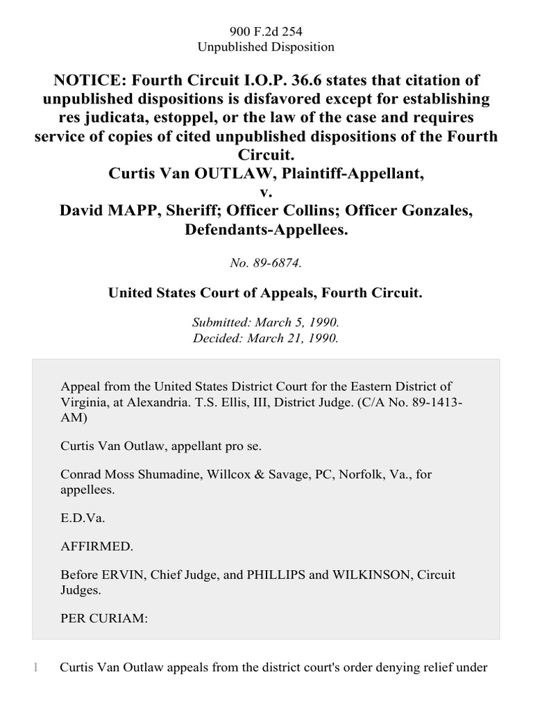 Curtis Van Outlaw v. David Mapp, Sheriff Officer Collins Officer ...