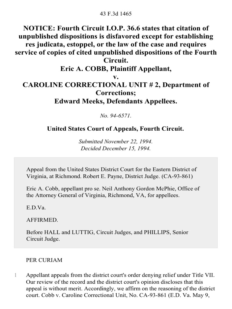 Eric A. Cobb v. Caroline Correctional Unit 2, Department of Corrections ...