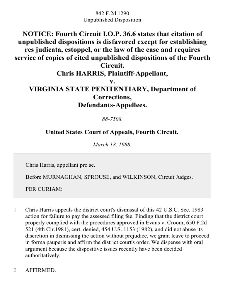 Harris v. Virginia State Penitentiary Appeal | PDF