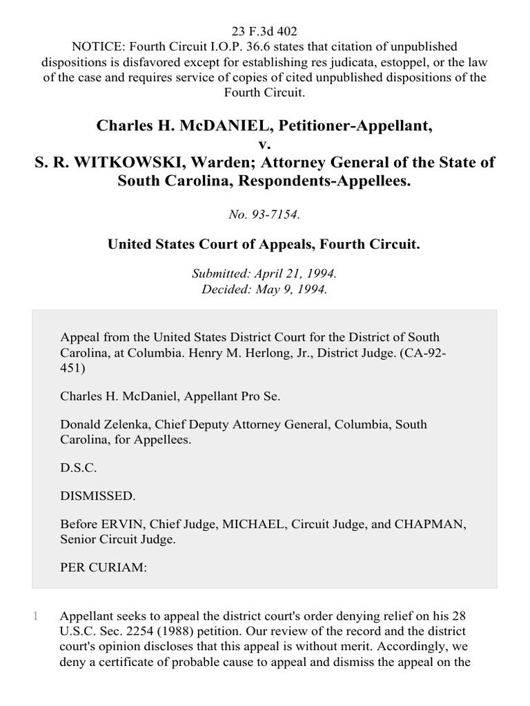 Charles H. McDaniel v. S. R. Witkowski, Warden Attorney General of The ...