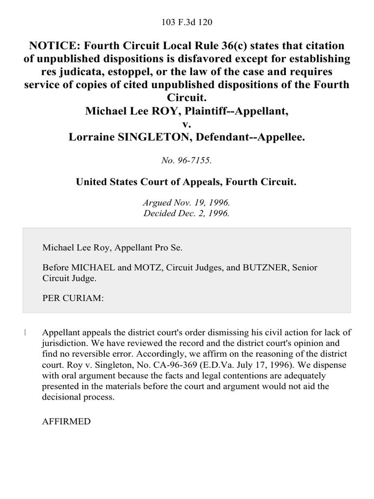Michael Lee Roy v. Lorraine Singleton, 103 F.3d 120, 4th Cir. (1996) | PDF